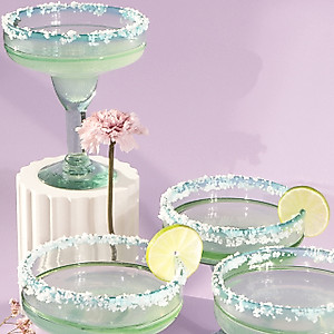 MyCajita Mexican Glassware, Aqua Rims 10oz Margarita Glasses, Set of 4 Unique Hand Blown Glass, Handcrafted by Talented Artisans Thick & Sturdy Easy to hold