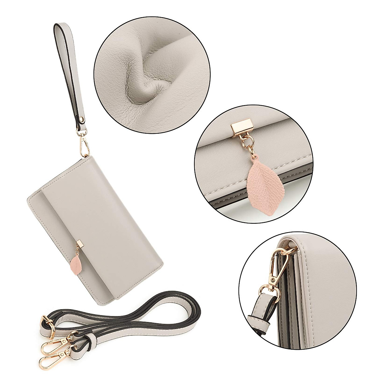 UTO Crossbody Bags for Women Leather Wallet with Wristlet Card Phone Checkbook Passport Organizer Ladies Clutch Purse Crossie Beige