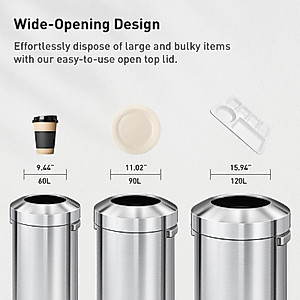 EKO Urban Commercial Round Open Top Stainless Steel Trash Can 90L