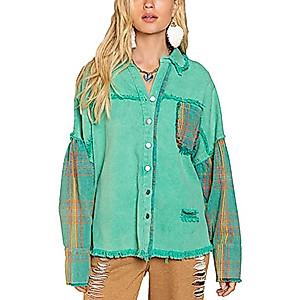 Zontroldy Denim Jean Jacket Shirt for Women Plaid Patchwork Distressed Ripped Frayed Denim Jean Jackets Shacket(0828-Green-M)