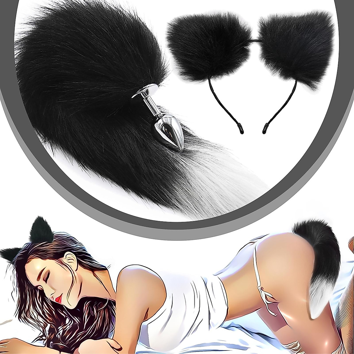 Stainless Steel Anal Butt Plug with Faux Silver Fox Tail and Ear-Anal Stopper Tail Sex Toy for SM Adult Games or Cosplay