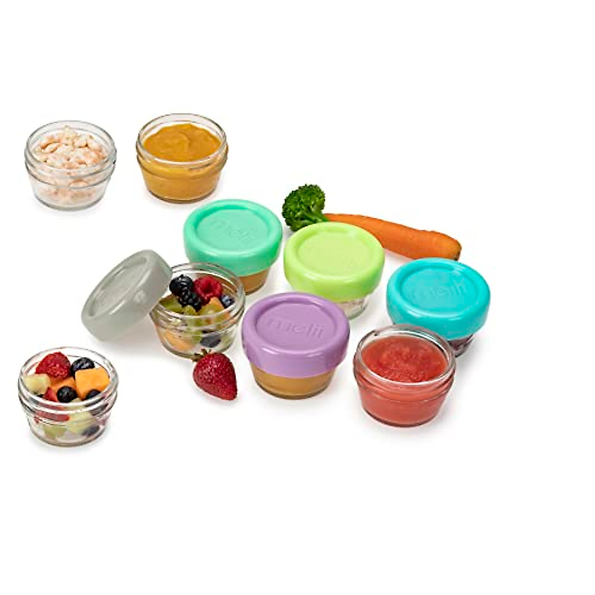 melii Glass Baby Food Freezer Jars, Snack Container with Lids, BPA Free, Microwave & Dishwasher Safe (2oz - 12 Piece Set)