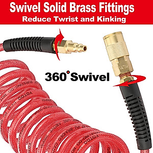 YOTOO Reinforced Polyurethane Recoil Air Hose 1/4" Inner Diameter by 10' Long, Heavy Duty, Flexible Air Compressor Hose with Bend Restrictor, 1/4" Swivel Industrial Quick Coupler and Plug, Red
