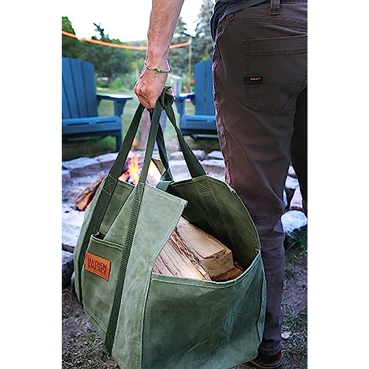 MAYHEM & MERCY Firewood Carrier - Waxed Canvas Wood Carrier For Firewood - Hunter Green Log Carrier For Firewood Fireplace Wood Rack Log Bag - Firewood