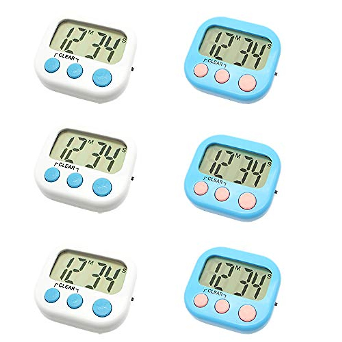 6 Pack Digital Timer for Teacher Small Timers for Kids Magnetic Back Big LCD Display Loud Alarm Minute Second Count Up Countdown with ON/Off Switch for Classroom, Homework, Exercise(3 Blue & 3 White)