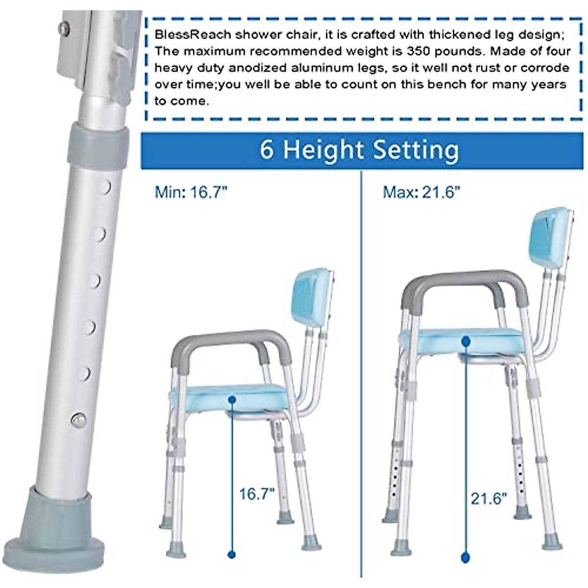 BlessReach Easily Assembled Portable Shower Chair Seat, Adjustable Shower Bench, Shower Lift Chair with Arms. (Blue)…