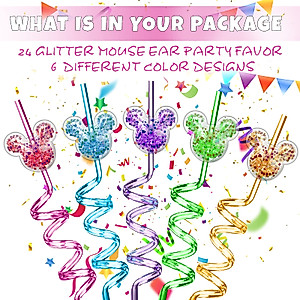 24Pcs Glitter Mouse Straws for Kids Party Favors, Straws for Birthday Party Supplies, Drinking Straws for Boys Girls Party Decorations