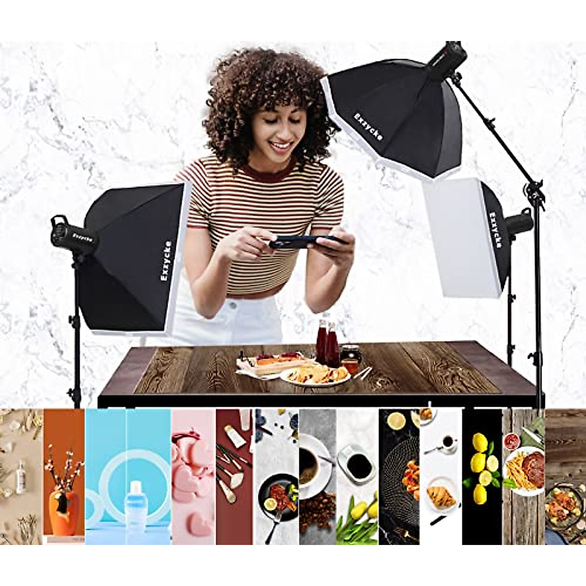 zyckTech 7Pcs 14Patterns Photography Background Paper with Stand, 34x23in Double-Sided Photo Tabletop Backdrops Props for Food Jewelry Cosmetics Makeup (Black White Blue) (PBP03247PCS)