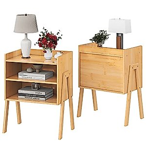 Bigbiglife Nightstands Set of 2, Stackable Bedside Tables with 2-Tier Open Storage Compartments, Modern Side Table, End Table with Solid Bamboo Legs for Bedroom - Easy to Assemble, 2 Pack