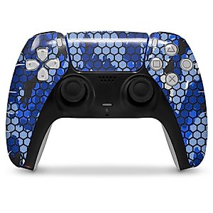 WraptorSkinz Skin Wrap Compatible with Sony PS5 DualSense Controller HEX Mesh Camo 01 Blue Bright (Controller NOT Included)