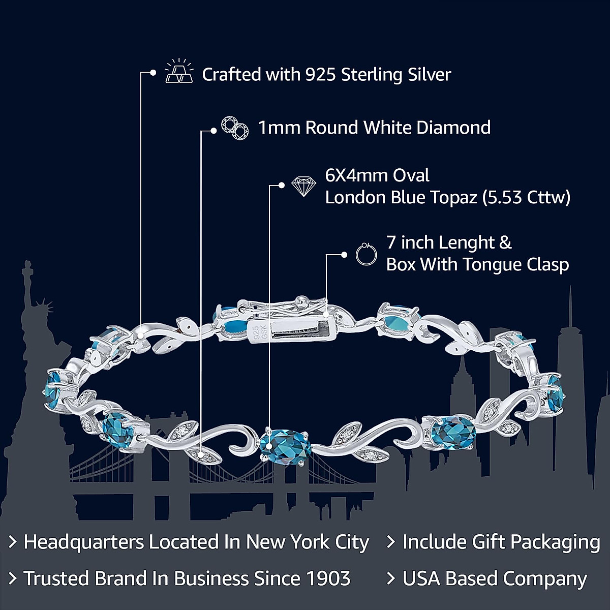 Gem Stone King 925 Sterling Silver London Blue Topaz and White Diamond Women Greek Vine Tennis Bracelet (5.53 Cttw, Oval 6X4MM, 7 Inch)