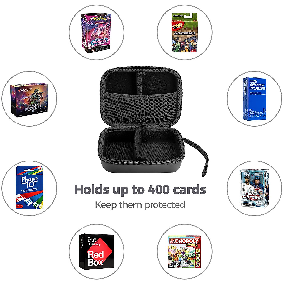 ProCase Trading Card Carrying Case, Playing Card Holder Organizer Fits Up to 400 Cards, Cards Storage Box with 2 Removable Dividers and Hand Strap -Black