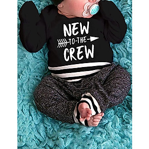 Kulcerry Infant Baby Boy Clothes New to The Crew Letter Print Long Sleeve Romper + Pants + Hat 3PCS Outfits Set（Black, 0-3 Months