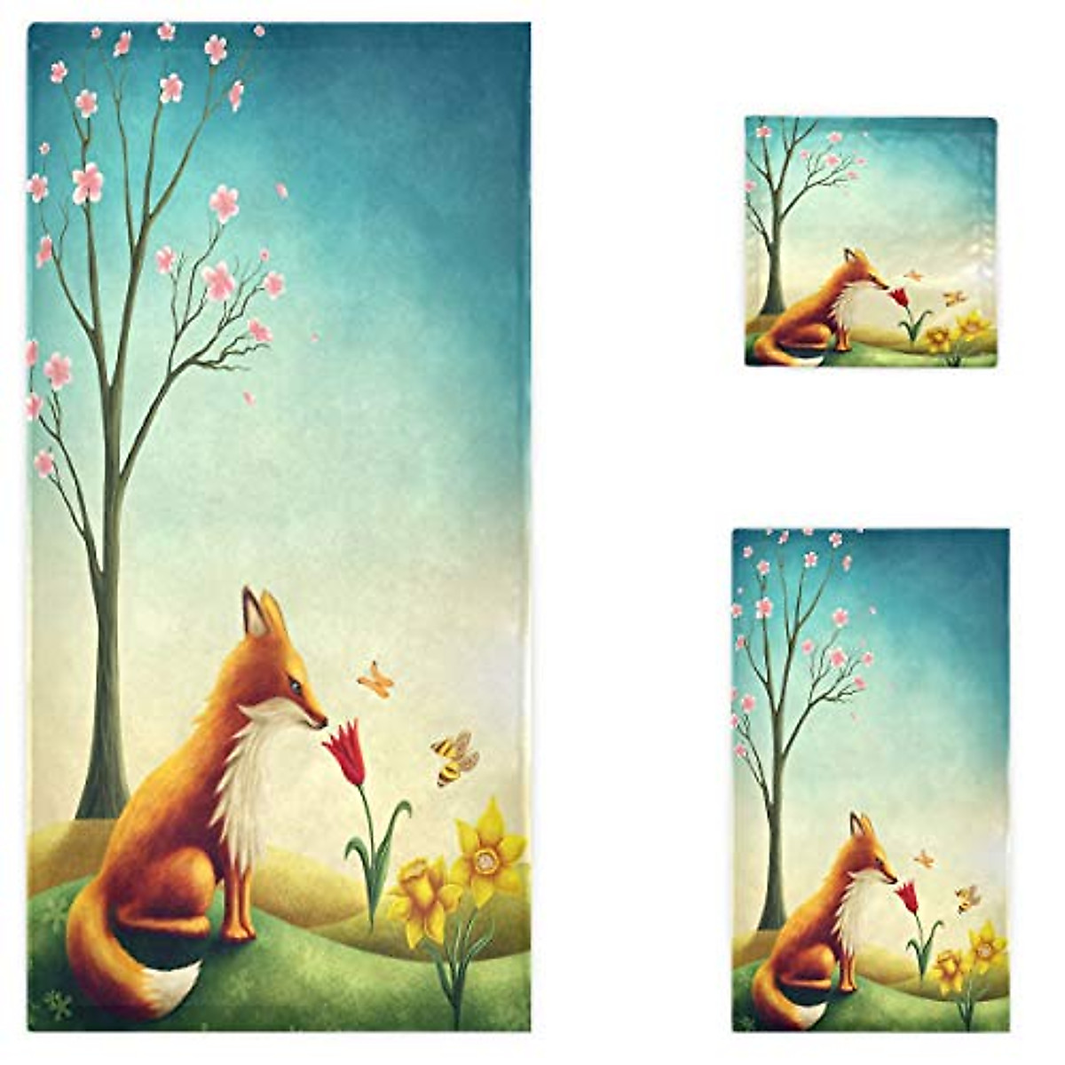 Naanle Spring Little Red Fox with Flowers Butterfly Soft Luxury Decorative Set of 3 Towels, 1 Bath Towel+1 Hand Towel+1 Washcloth, Multipurpose for Bathroom, Hotel, Gym, Spa and Beach