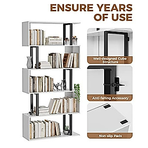 Gadroad 5 Tier Geometric Bookcase, Black and White Book Shelves, Modern Corner Bookcase Storage Shelf Wood for Living Room Home Office (White, 5 Tier)