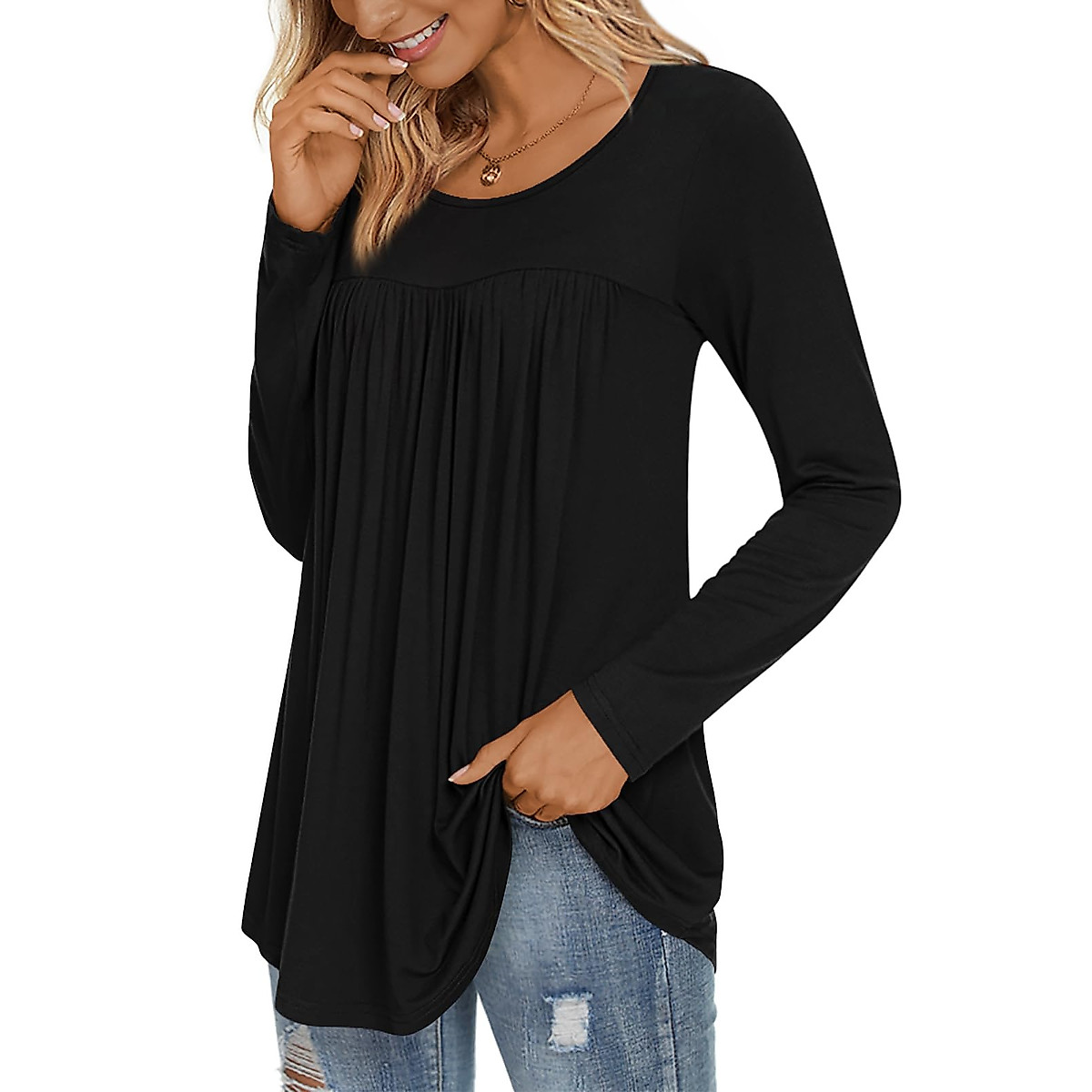 LONGYUAN Women's Long Sleeve Tunic Loose Fitting Tops 2025 Fall Casual Blouse Cute Tshirt Black X-Large
