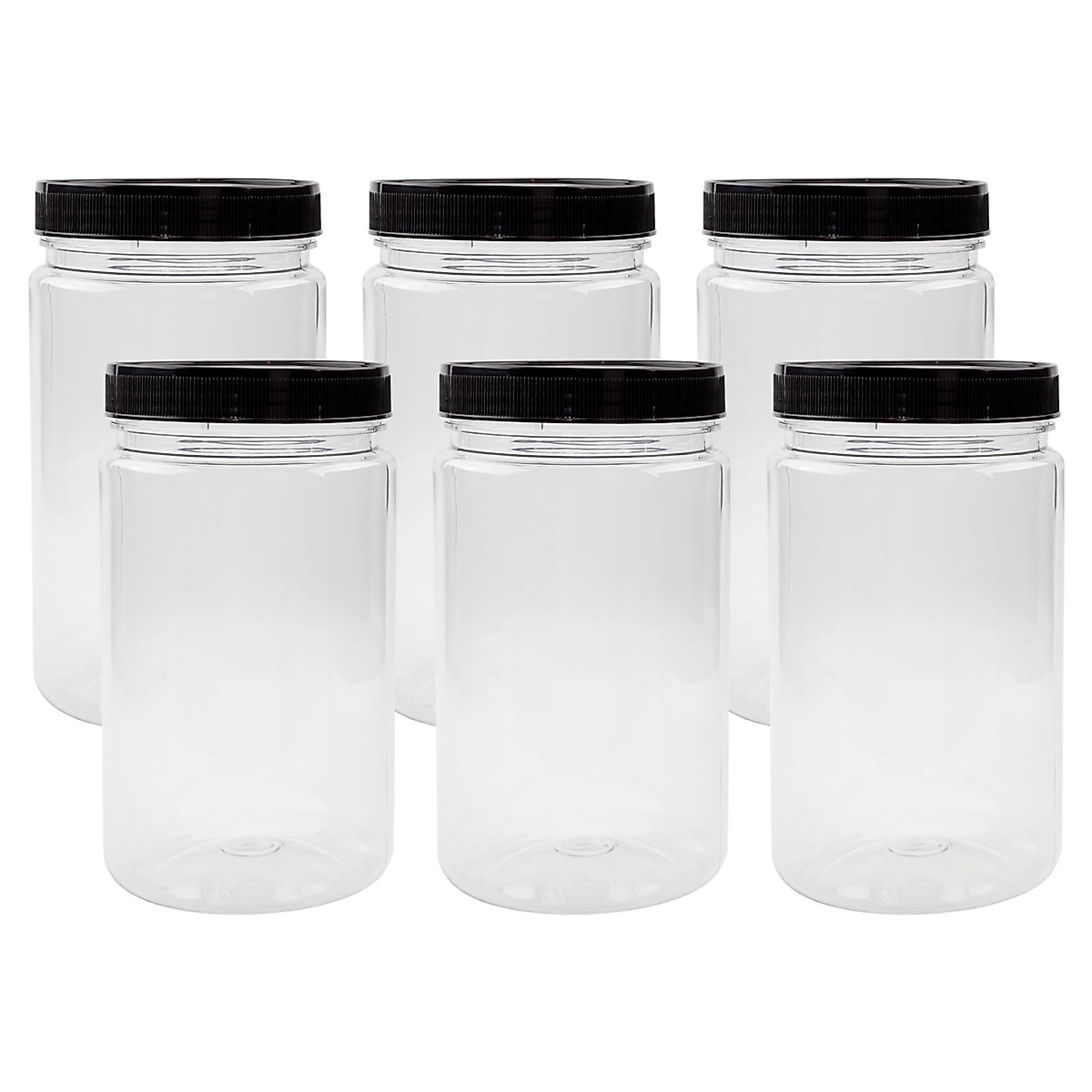 Cornucopia 32oz Clear Plastic Jars with Black Ribbed Lids (6 pack): BPA Free PET Quart Size Canisters for Kitchen & Household Storage