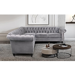 RARZOE Chesterfield L Shaped Sectional Sofa, Deep Button Tufted Velvet Sofa, Upholstered Rolled Arm Classic Chesterfield Settee Sofa, Modern 5 Seater Couch Furniture for Living Room, Grey
