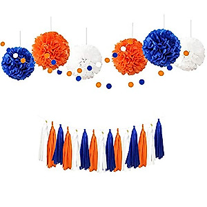 Carnival Navy Blue Orange White 38pcs American Birthday Bachelorette Baby Shower Wedding Party Decoration Kit - - 12" 10" Tissue Pom Pom, 12' Latex Balloon, Paper Tassel, Circle Dot Garland