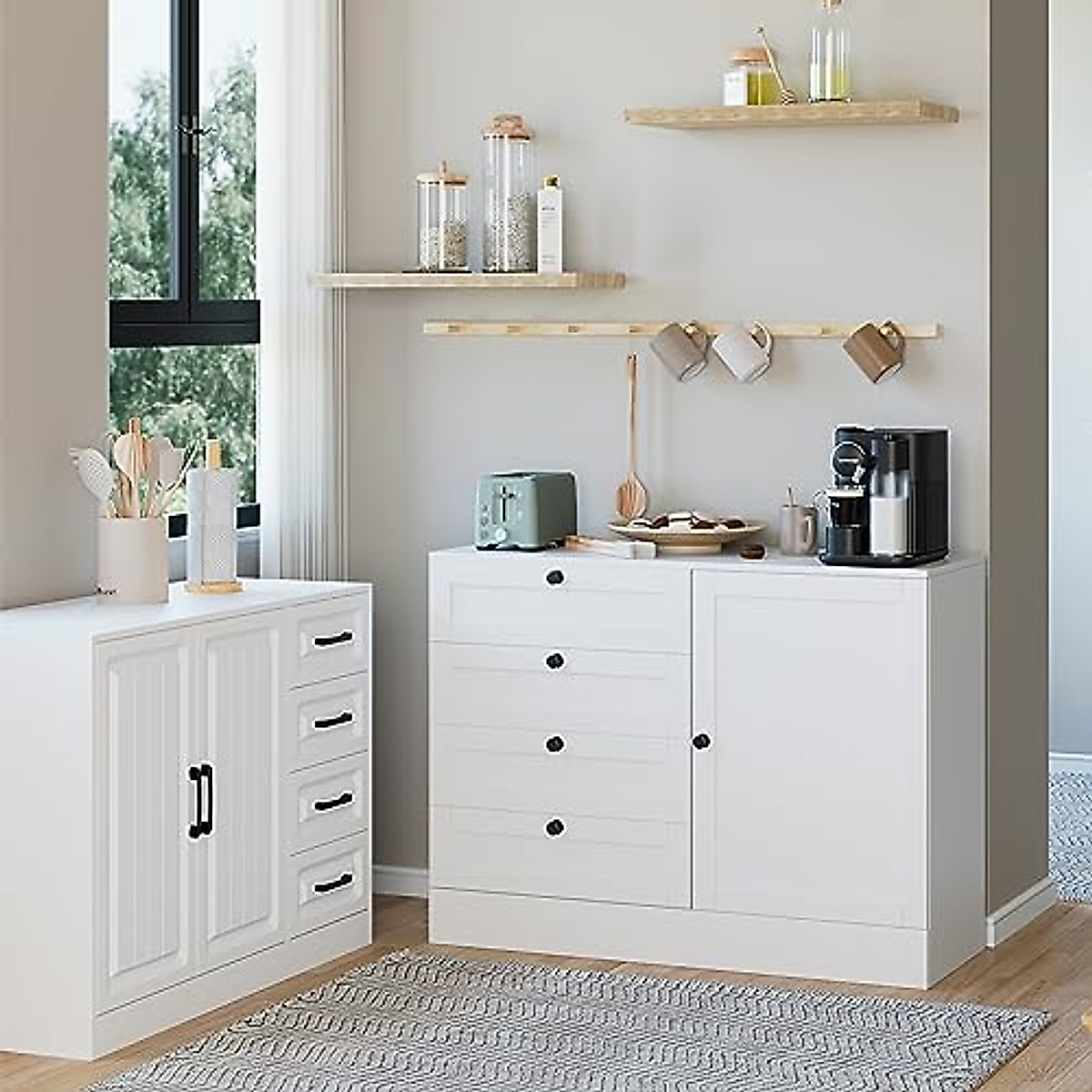 HOSTACK 4 Drawer Dresser with Door, White Chest of Drawers, Modern Storage Cabinet with Shelves | Deep Space, Wide Dresser Sideboard Buffet for Living Room, Dining Room, Hallway, White