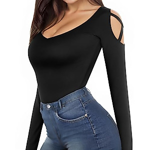 HERLOLLYCHIPS Long Sleeve Shirts for Women Deep V Neck Cold Shoulder Criss Cross Sexy Fitted Tops(Long Sleeve Black, X-Large)
