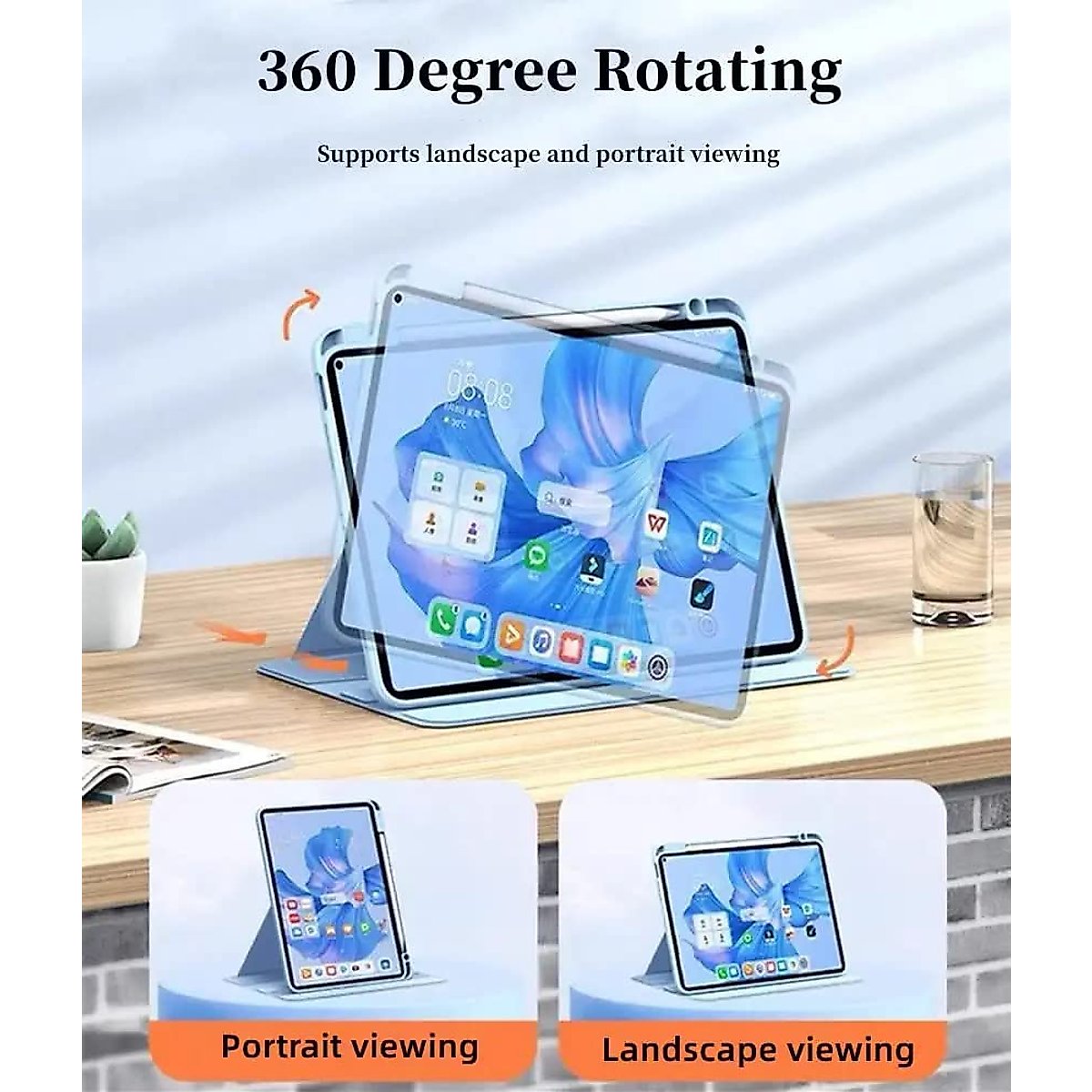 AnMengXinLing Rotating Keyboard Case for iPad 9th /8th /7th Gen 10.2 Inch, Vertical Case for iPad 9/iPad 8/iPad 7 with Detachable Keyboard Mouse,Clear Cover with Pencil Holder, Blue