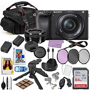 Sony A6400 Mirrorless Camera with 16-50mm Lens Bundle + Commander Optics Accessories Package Including Filters, Case, Grip Strap + Sandisk 64GB Memory, Movavi Software Package & More (Renewed)
