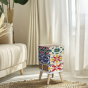 Small Trash Can with Lid Vintage tiles Traditional geometric ornate ceramic tiles seamless Wastebasket with Press Cover Dog Proof Garbage Can Waste Bin for Kitchen Bathroom Nursery 2.6 Gallon