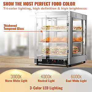 VEVOR 3-Tier Food Display Warmer, 800W, with Multidirectional Heating, Tri-Color Illumination & Bottom Fan. Features Temperature Control, 0.6L Water Tray for Humidity, Durable Stainless Steel & Gla