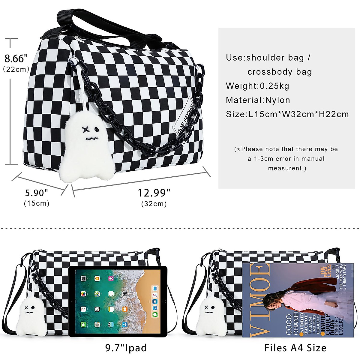 DOB SECHS Crossbody Purse Bag for Women Small Shoulder Hobo Bag Messenger Bag with Kawaii Pins and Pendent (Checkered - L)