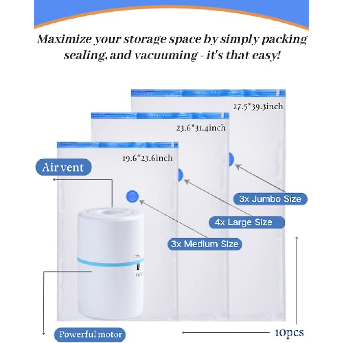 Enoryoau's 2023 Newest Vacuum Storage Bags Set : 10-Pack Vacuum Seal Bags with Electric Pump - making it the ultimate space saver for clothes, bedding, closet organization, home storage & travel essentials