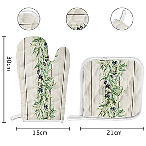 Oven Mitts, Retro Farmhouse Anti-Skid Cooking Gloves for BBQ, Microwave, Baking, Grilling, Thermal insulation Hot Pads Potholders for Handling Hot Cookware Green Leaves and Olives Wooden Grain
