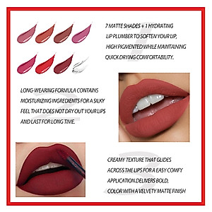QiBest 8pcs Matte Liquid Lipstick with Lip Plumper Makeup Set Velvety Long Lasting High Pigmented Nude Waterproof Lip Gloss Kit Girls Women Make Up Gift Set