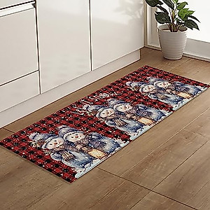 Christmas 2Pcs Kitchen Rugs, Anti Fatigue Kitchen Mat Non Slip Rug Runner Comfort Standing Floor Mats Kitchen Carpet Set for Sink, Laundry - Christmas Cartoon Snowman Red Black Plaid