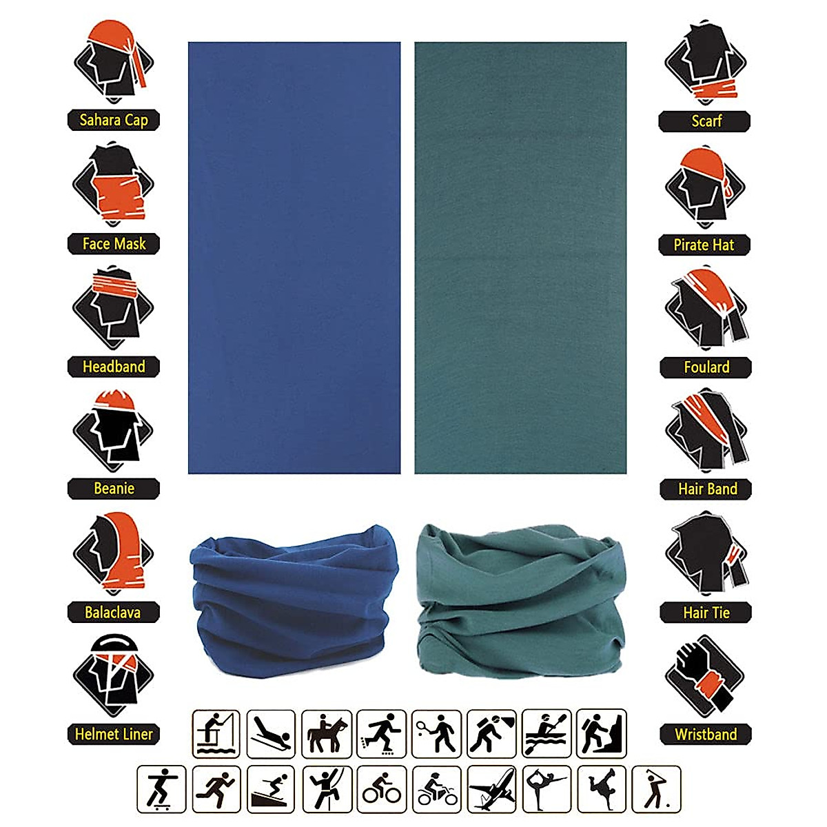 VANCROWN Neck Gaiter Headband Headwear Head Wrap Face Mask Magic Scarf Bandana for Men and Women (6PCS.Solid Color.2)