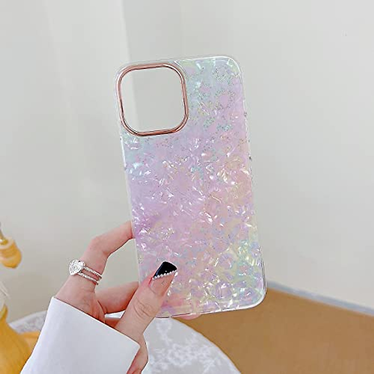 YeLoveHaw Designed for iPhone 14 Pro Case for Women Girls, Pink Purple Pearly-Lustre Shell, Colorful Glitter Powder Leopard Print, Slim Hard Protective Cover for iPhone 14Pro (Shiny Leopard)