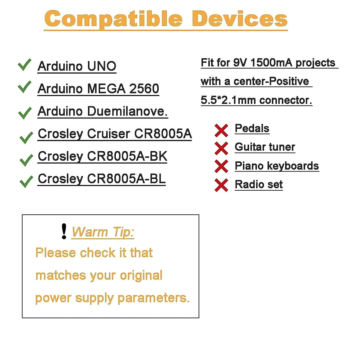 Gonine 9V DC Power Supply Cord, 9Volt 1.5A AC DC Adapter for 9Vdc Arduino UNO R3 Schwinn Bike A10 A20 Crosley Record Player CR8005A Center Positive DC Plug.
