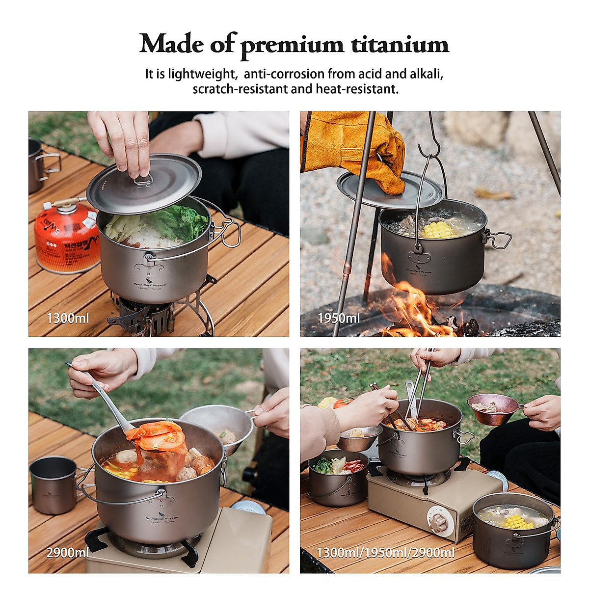 Boundless Voyage Titanium Hanging Pot for Outdoor Camping Backpacking Hiking Ultralight Portable Cooking Pot Camp Kitchen Cookware 1300ML/1950ML/2900ML (3 Pcs Set)