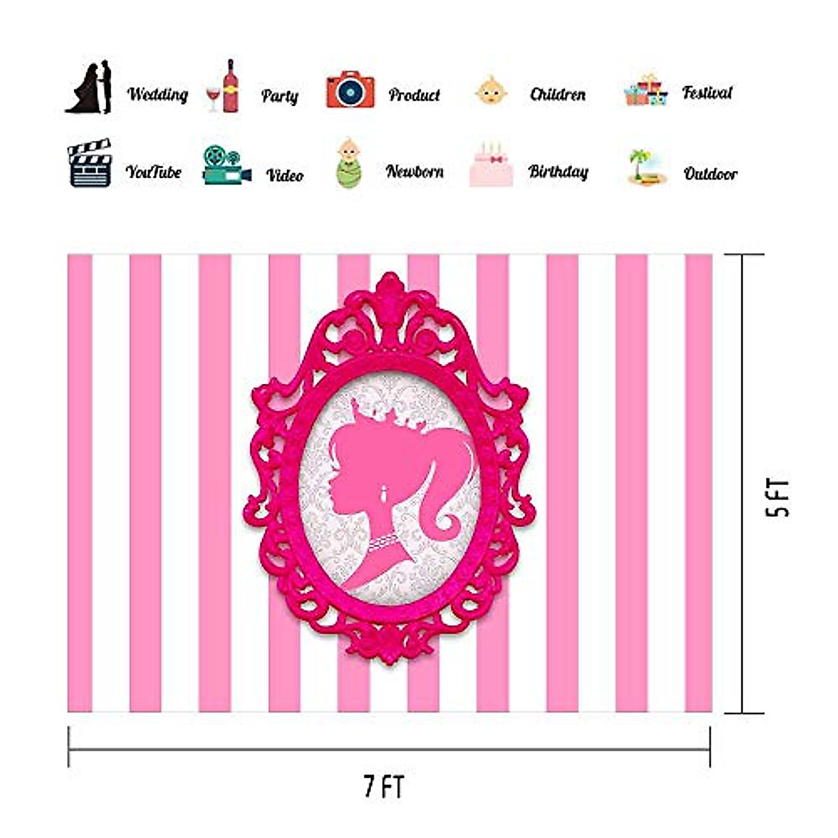 VIDMOT Pink White Stripes Backdrop Doll Head Photo Frame Glamour Girl Photography Background Christmas Party Decor 7x5ft Pink Party Backdrop Photo Booth Banner for Cake Table Supplies LSVV1009