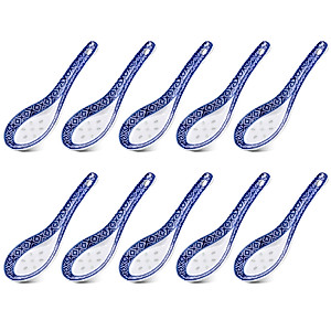 Patelai 10 Pieces Ceramic Soup Spoons Asian Soup Spoons Chinese Style Blue and White Porcelain Soup Spoons Reusable Table Spoons Dinner Spoons for Ramen Pho Wonton Dumpling