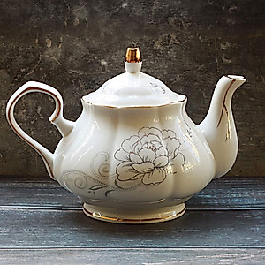 Jomop Ceramic Tea pot Floral Design White 855ml About 4 Cups (Gold)