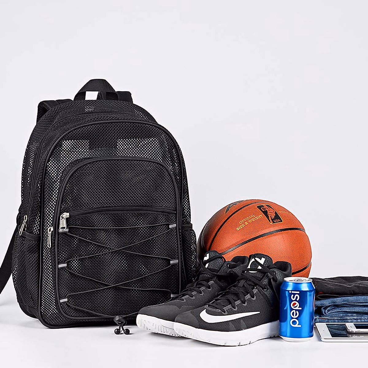 Heavy Duty Mesh Backpack, See Through College Student Backpack, Semi-transparent Mesh Bookbag with Bungee and Comfort Padded Straps for Commuting, Swimming, Beach, Outdoor Sports