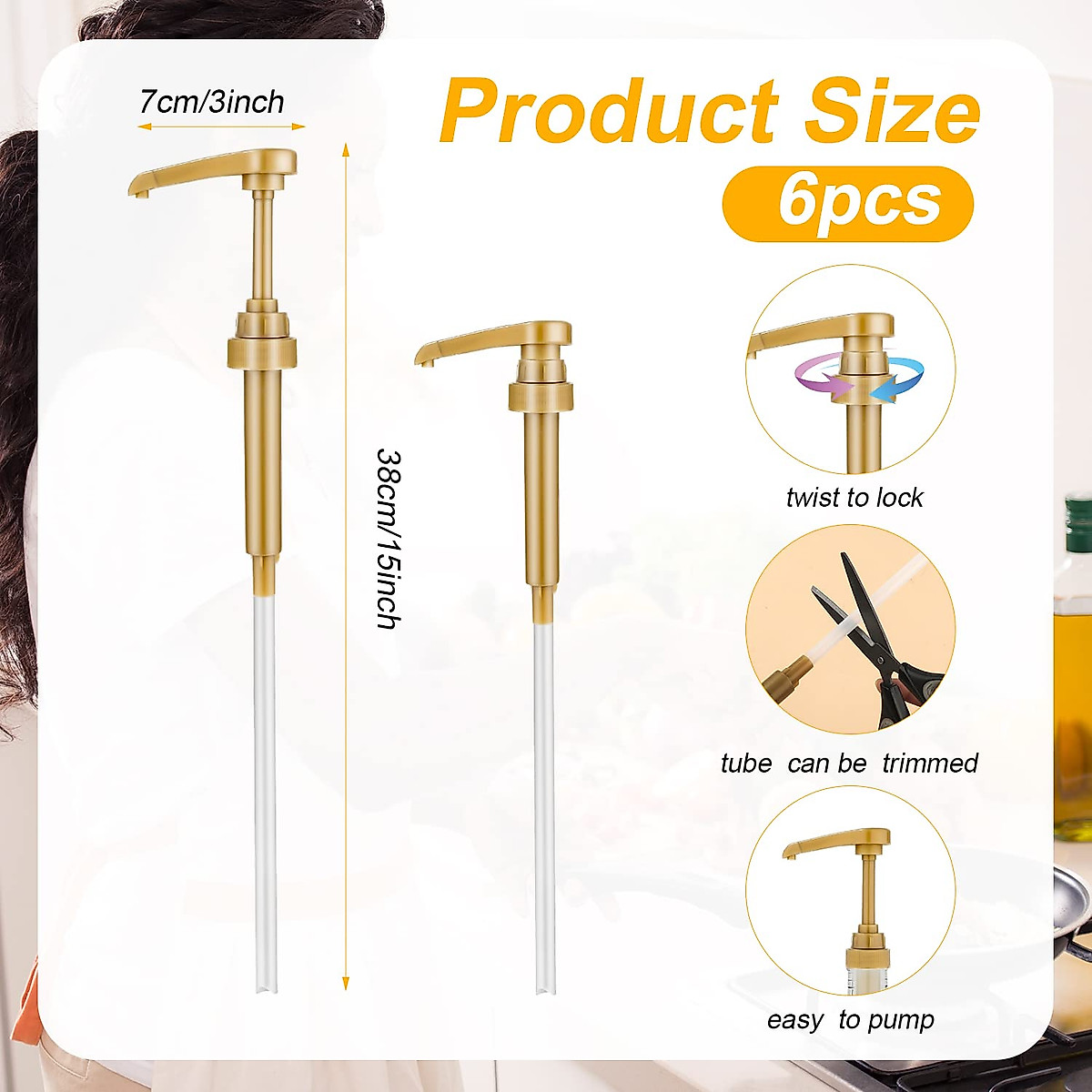 6 Packs Coffee Syrup Pump, Fits Most 750ml Syrup Bottle (for Torani, Davinci, Jordan's Skinny Syrup Bottles) Syrup dispenser syrup pumps for Coffee Bar and Home, No Dripping (Gold)