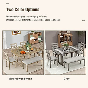 Merax 6-Piece Rubber Wood Dining Table Set with 4 Cushioned Chairs and Bench, Beautiful Grain Pattern Tabletop, Light Gray-6pcs