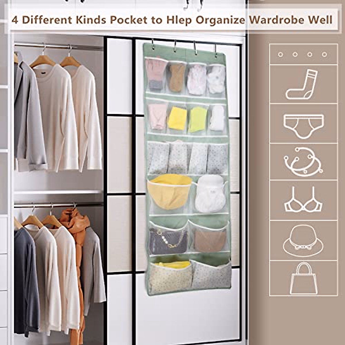 KANCNT 18 Pocket Over the Door Shoes Organizers, Hanging Storage Rack, Closet Hang Holder Rack with 4 Metal Hooks to Organize Shoes Toys Hat Underwear Socks in Entryway,Bathroom,Pantry