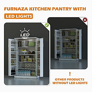 Furnaza 50" LED Kitchen Pantry Storage Cabinets - Standing Food Cabinets Cupboards with 2 Doors with Racks and Shelves Adjustable for Small Space in Dinning Room, Living Room, in White