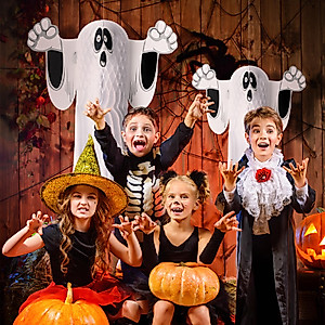 Fourluoo 4 Pcs Halloween Ghost Hanging Decorations Honeycomb Tissue Paper Ghost Shaped Party Decoration Ghost Paper Lanterns for Home Outdoor Decor(21.7" X 16.5", 15' X 12.6",Scary)