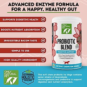 Only Natural Pet Probiotic Dog and Cat Supplement - Digestive & Gut Health Enzyme Formula, Puppy & Canine Digestive Chews, Best for Stomach Relief & Gas Aid - Soft Chews, 120 Count.