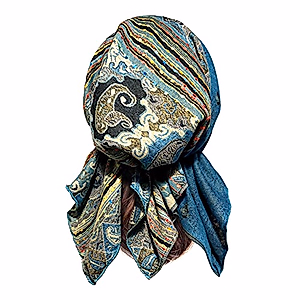 Teal Cashmere Headscarf Turquoise Headwear for Women Tichel Super Soft Headcovering Head cover Head wear Pre tied Bandana Ethnic Print Collection (Teal short - 290)