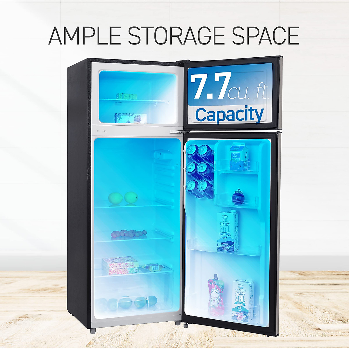 Commercial Cool CCR77LBS 7.7 Cu. Ft Freezer, Top Mount Fridge with Glass Shelves, Bottle Storage, Beverage Rack, Crisper Drawer Cover in VCM Refrigerator